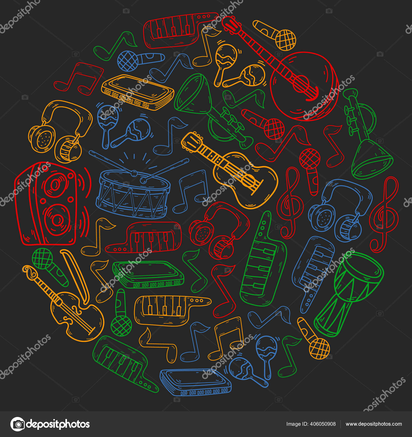 Vector music background with musical instruments. Rock, piano, guitar ...