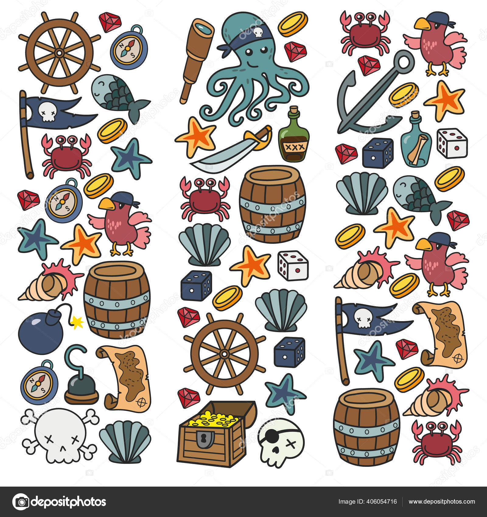 Children pirate party. Symbols of piracy - hat, swords, guns, treasure ...