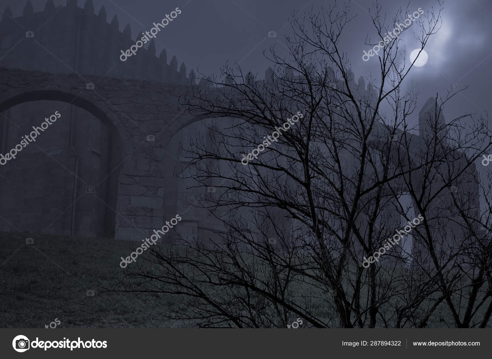 Creepy monastery in an overcast full moon night — Stock Photo ...