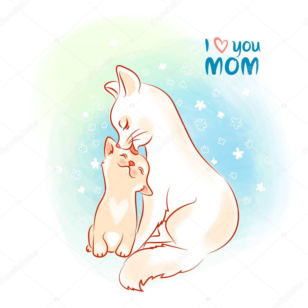 Bebé gato con mamá ilustración con frases en estilo de boceto, lindo ...