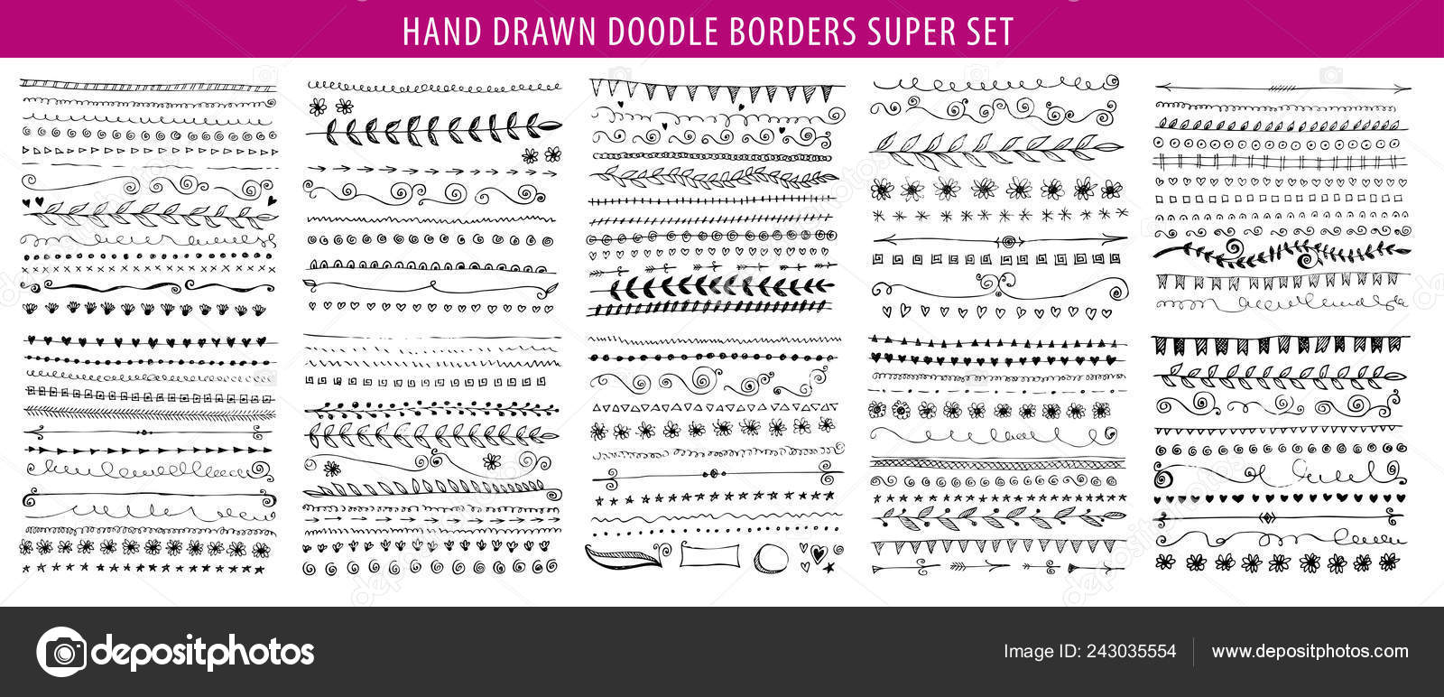 Hand drawn line, border, frame design element set Stock Vector by ...