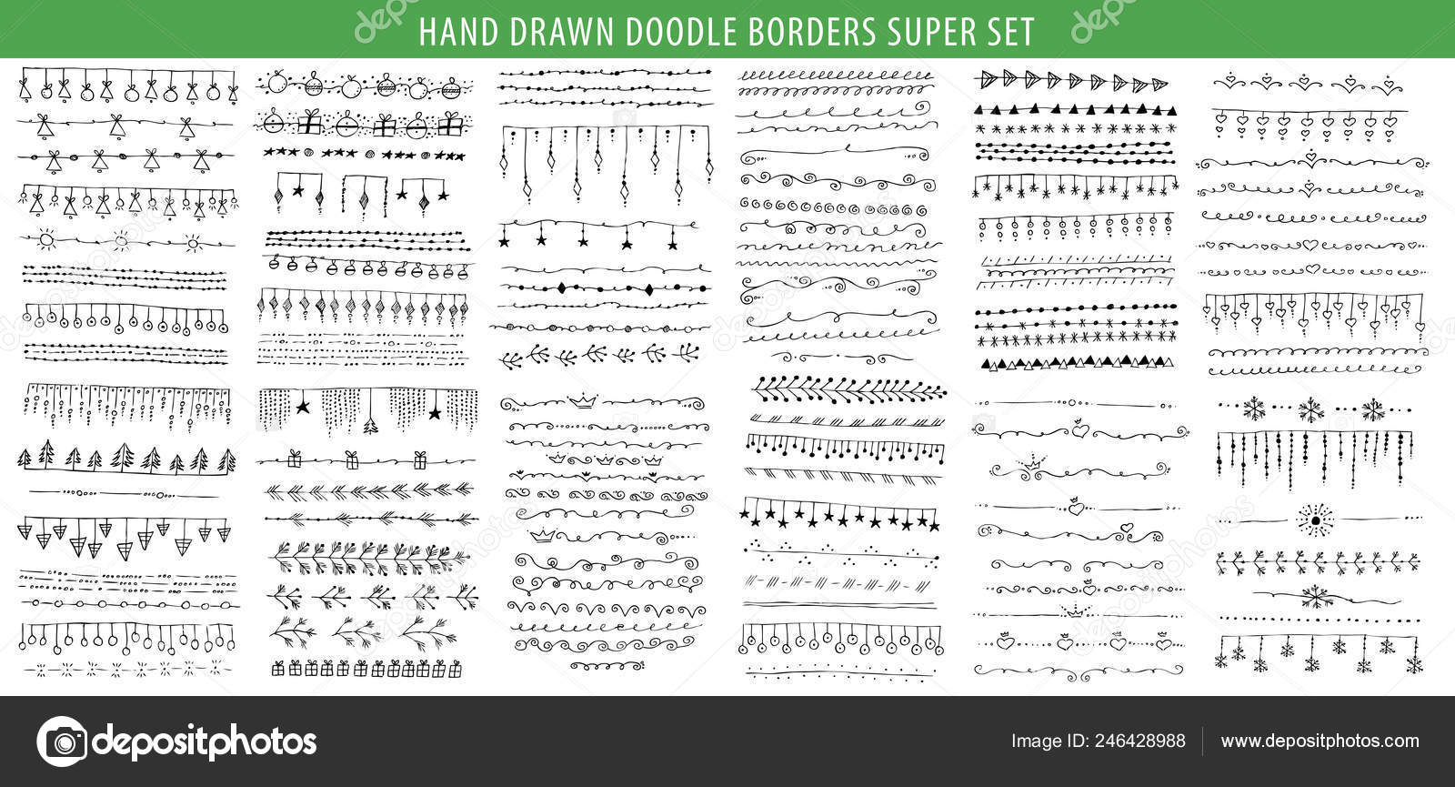 Hand drawn line, border, frame design element set Stock Vector by ...