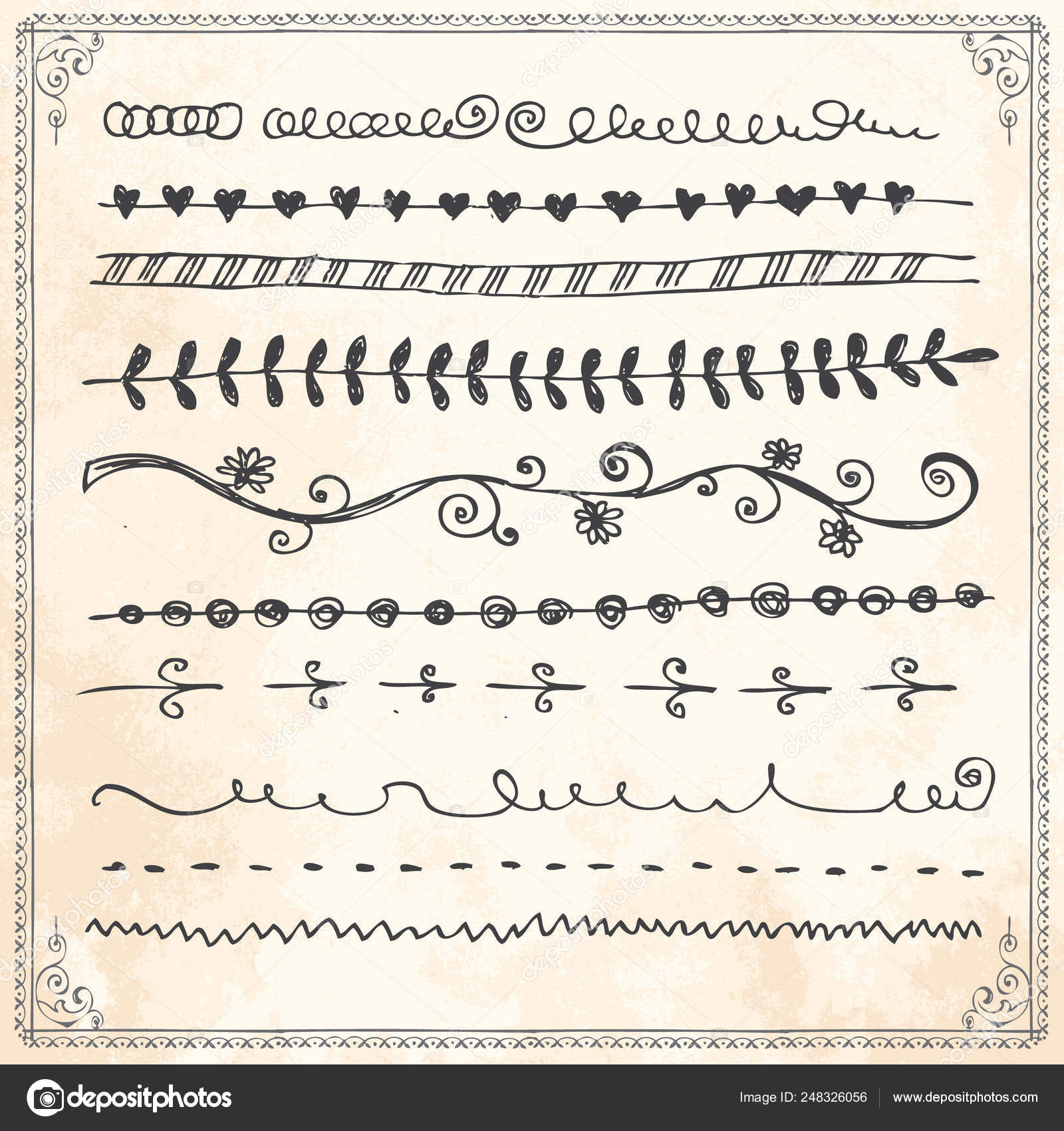 Hand drawn line border frame design elements set Stock Vector by ...