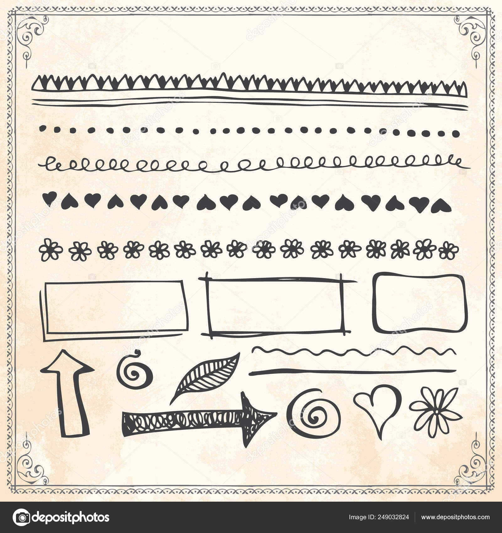 Hand drawn line border frame design elements set Stock Vector by ...