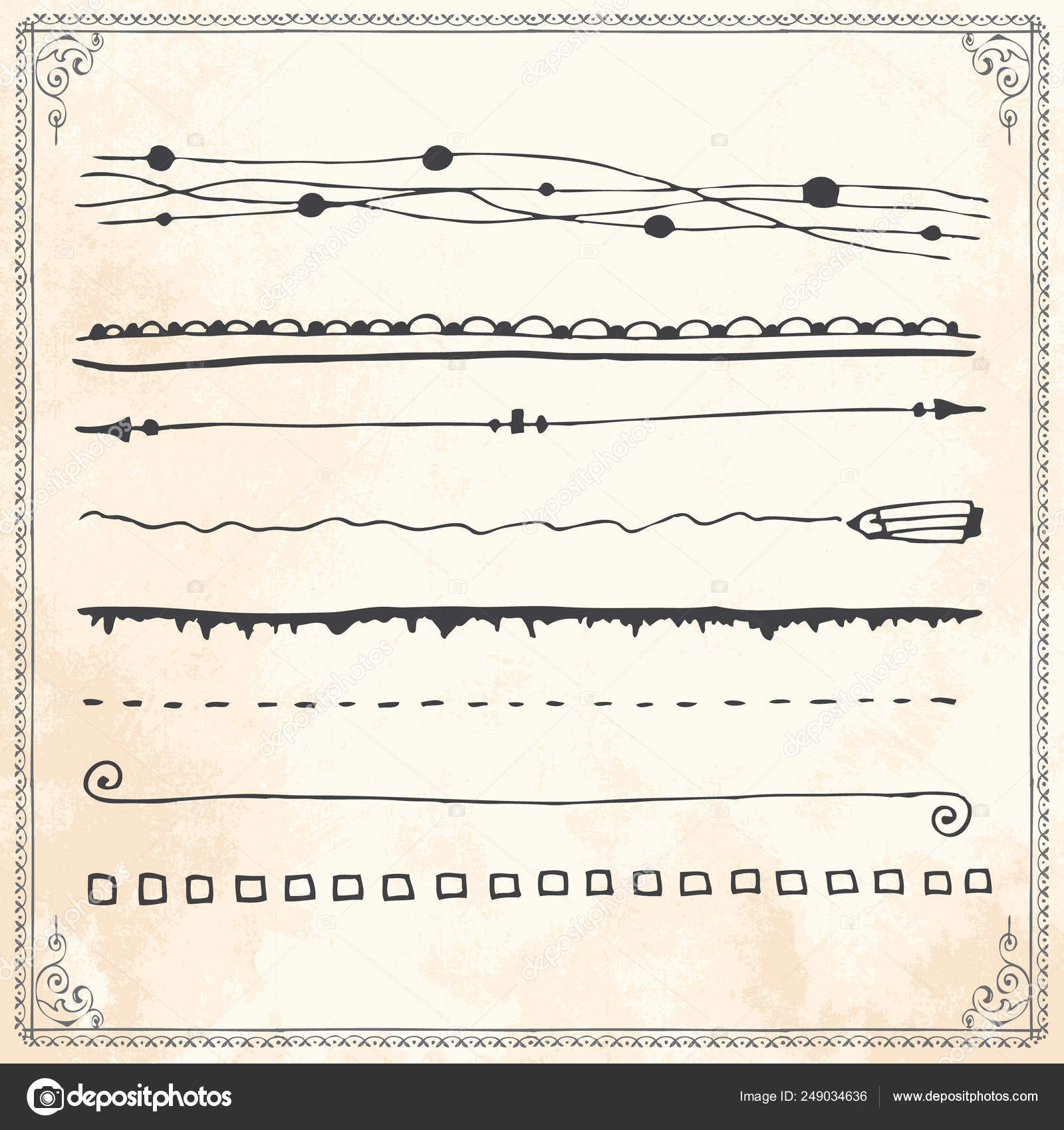 Hand drawn line border frame design elements set Stock Vector by ...