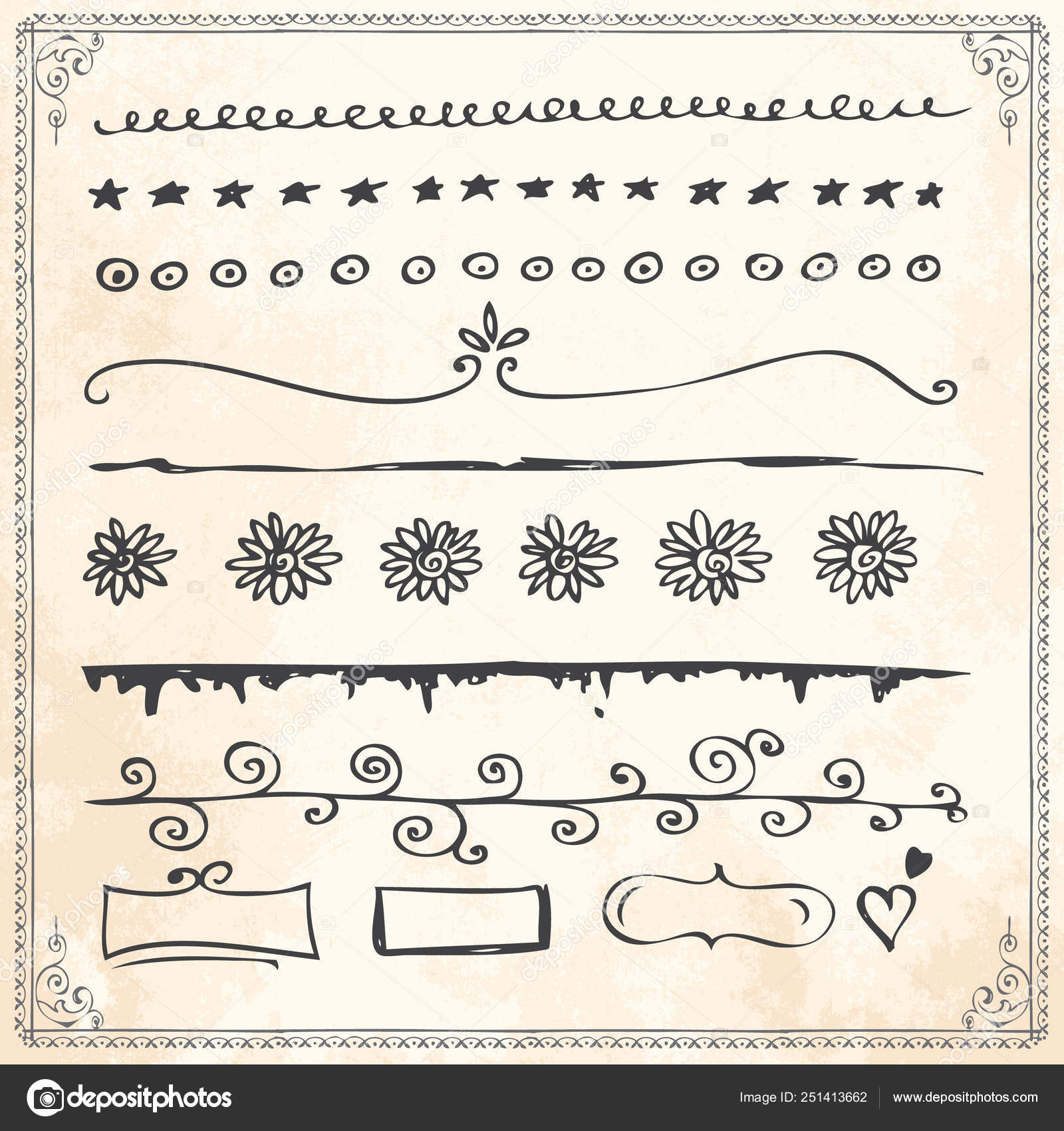 Hand drawn doodle line border frame elements set Stock Vector Image by ...