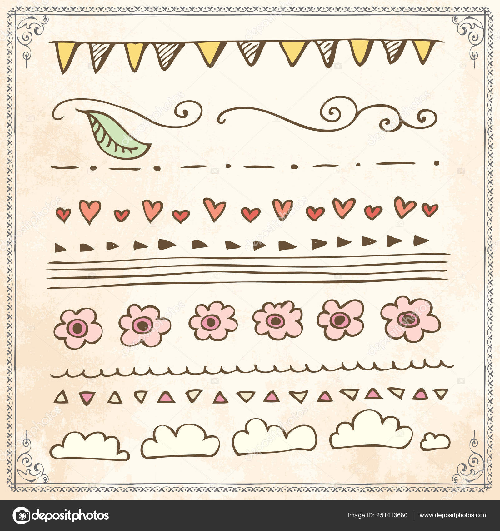 Hand drawn doodle line border frame elements set Stock Vector by ...