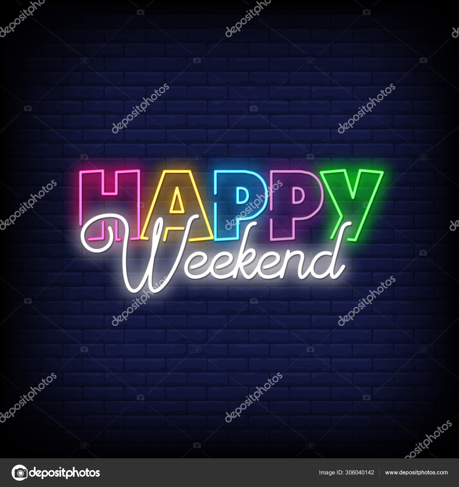 Simple Neon Signboard Happy Weekend Lettering Dark Brick Wall ...