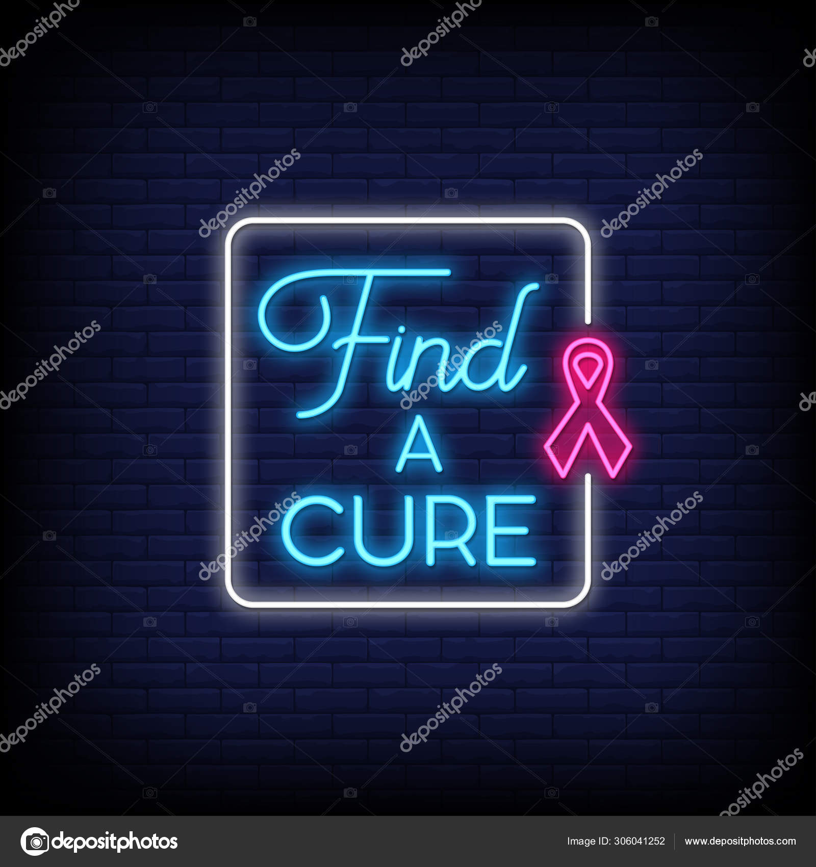 Neon Signboard Find Cure Lettering Brick Wall Background Stock Vector ...