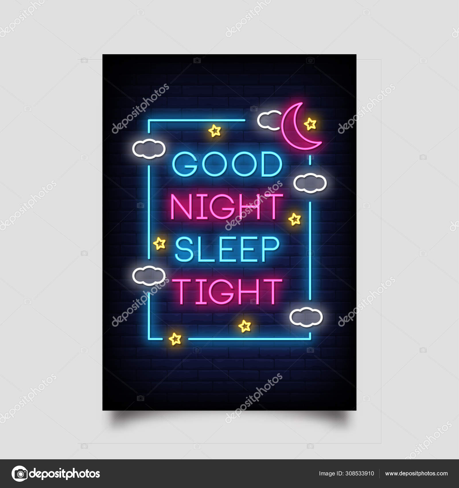 Good Night Sleep Tight Phrase Poster Neon Style Inspirational Quote ...
