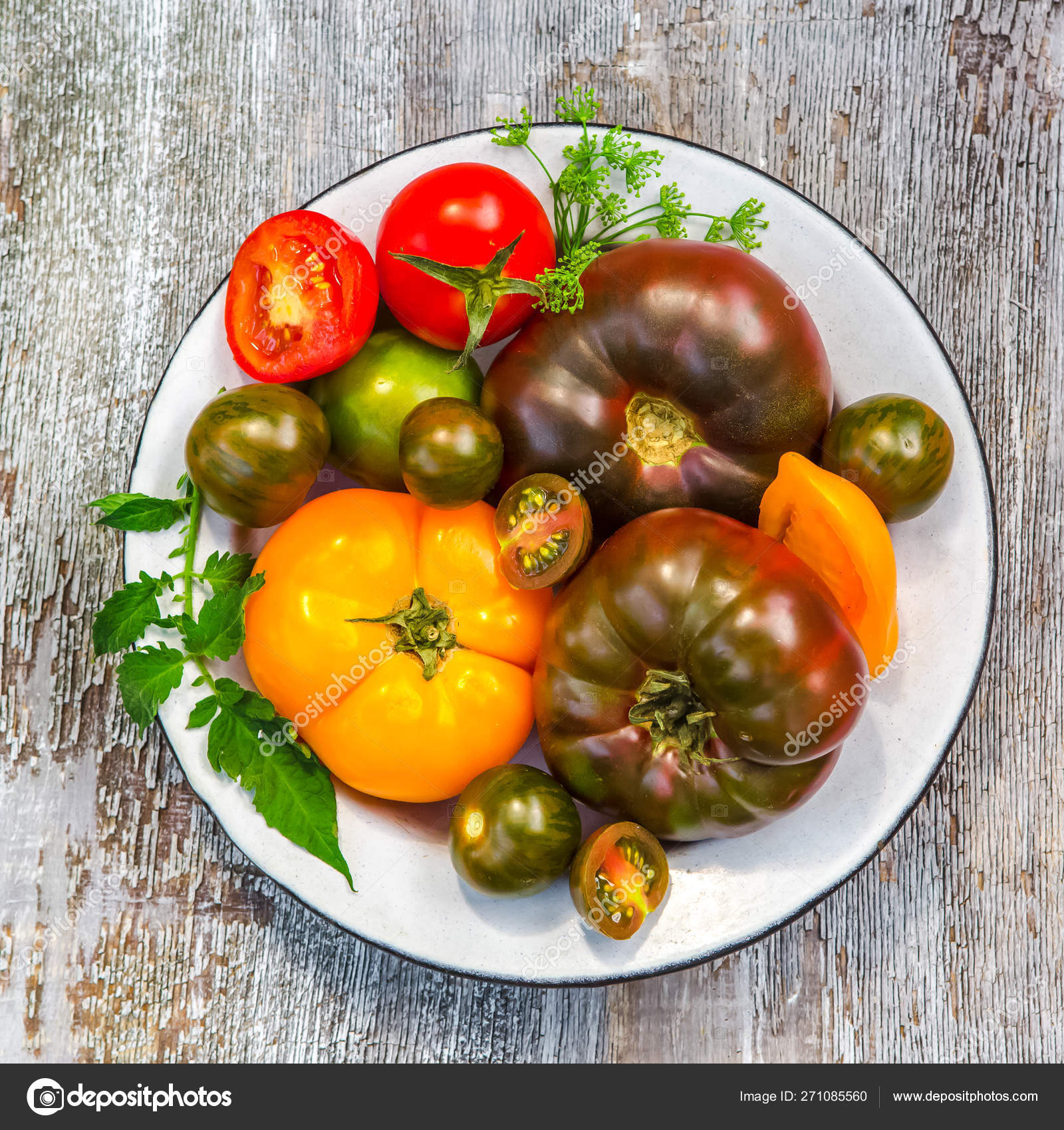 Group Different Tomatoes Plate Table Top View Stock Photo by ...