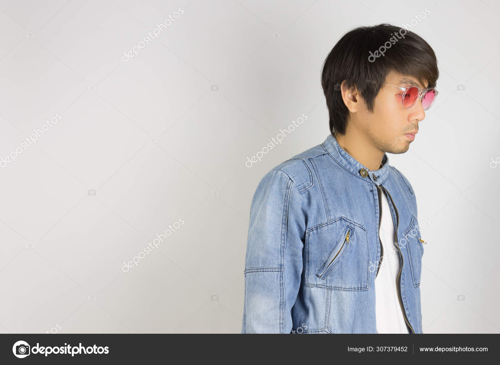 Young Asian Man in Jeans or Denim Jacket Wear Red Glasses at Rig ...