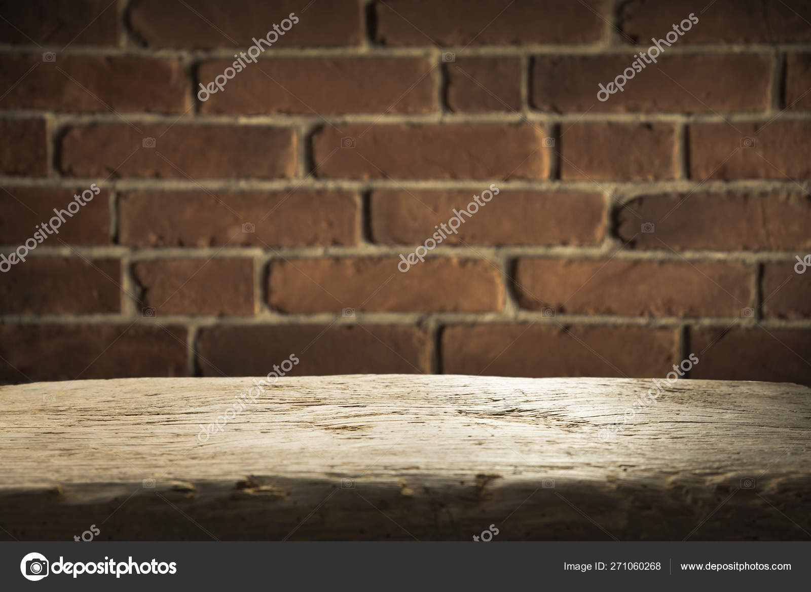Old wooden table with brick background dark Stock Photo by ©kishivan ...