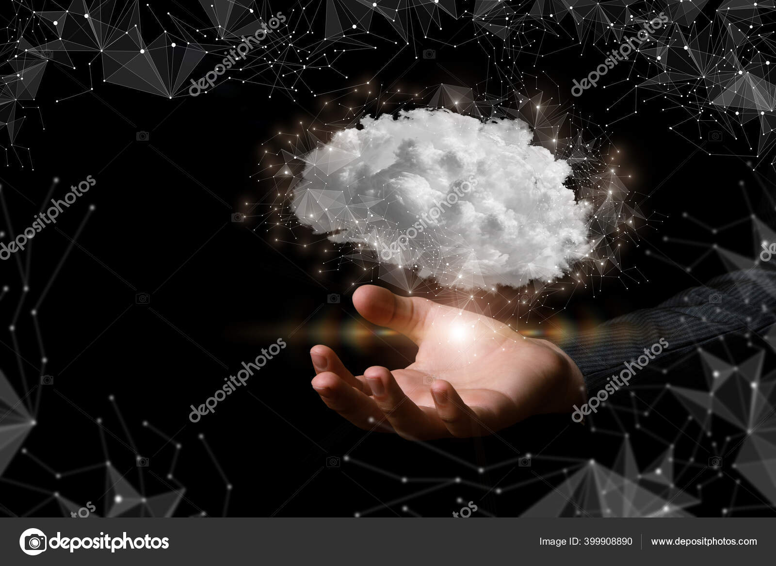 Hand Shows Brain Consisting Clouds Dark Background Stock Photo by ...