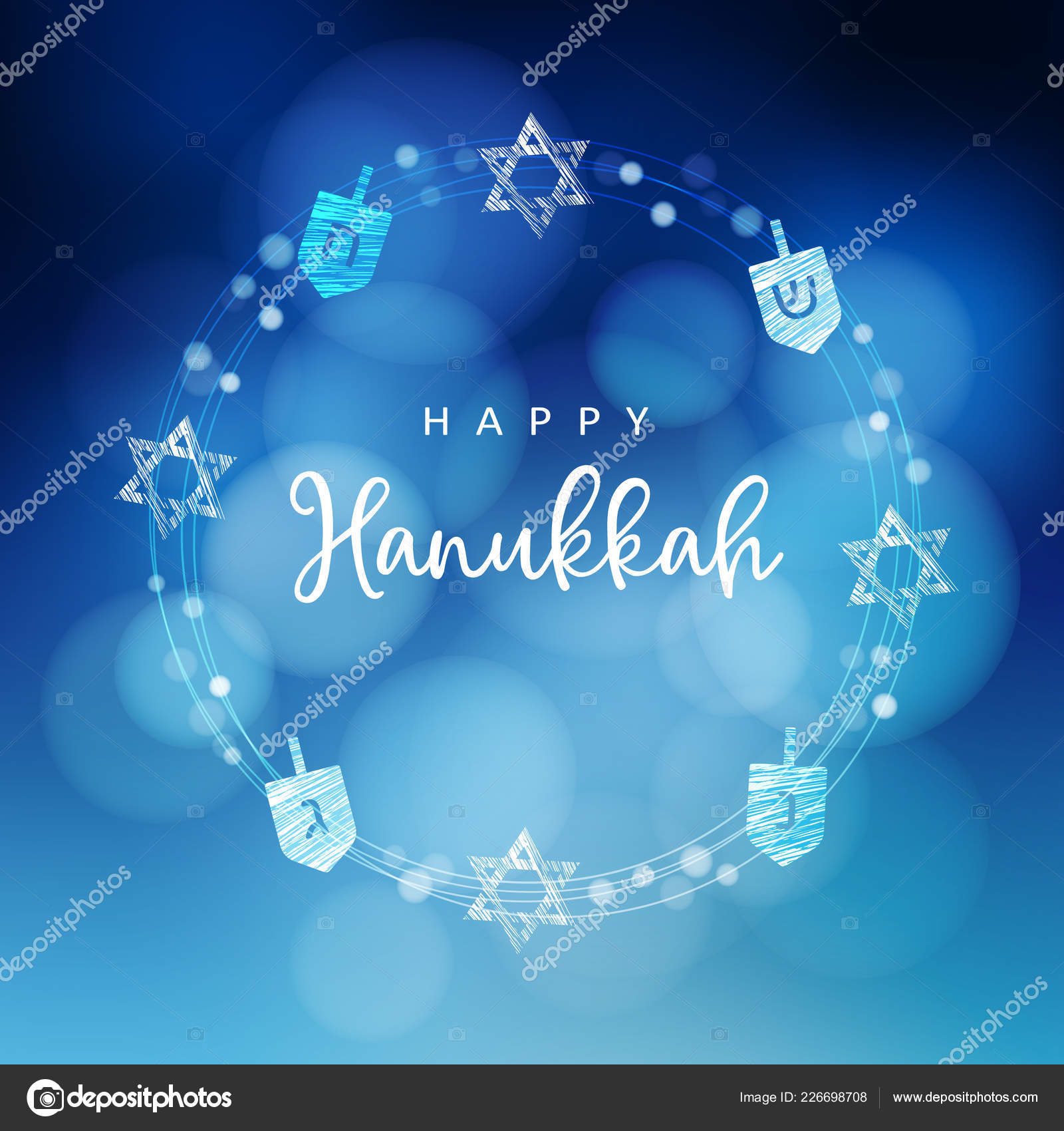 Hanukkah blue background with wreath of light, Jewish stars and ...