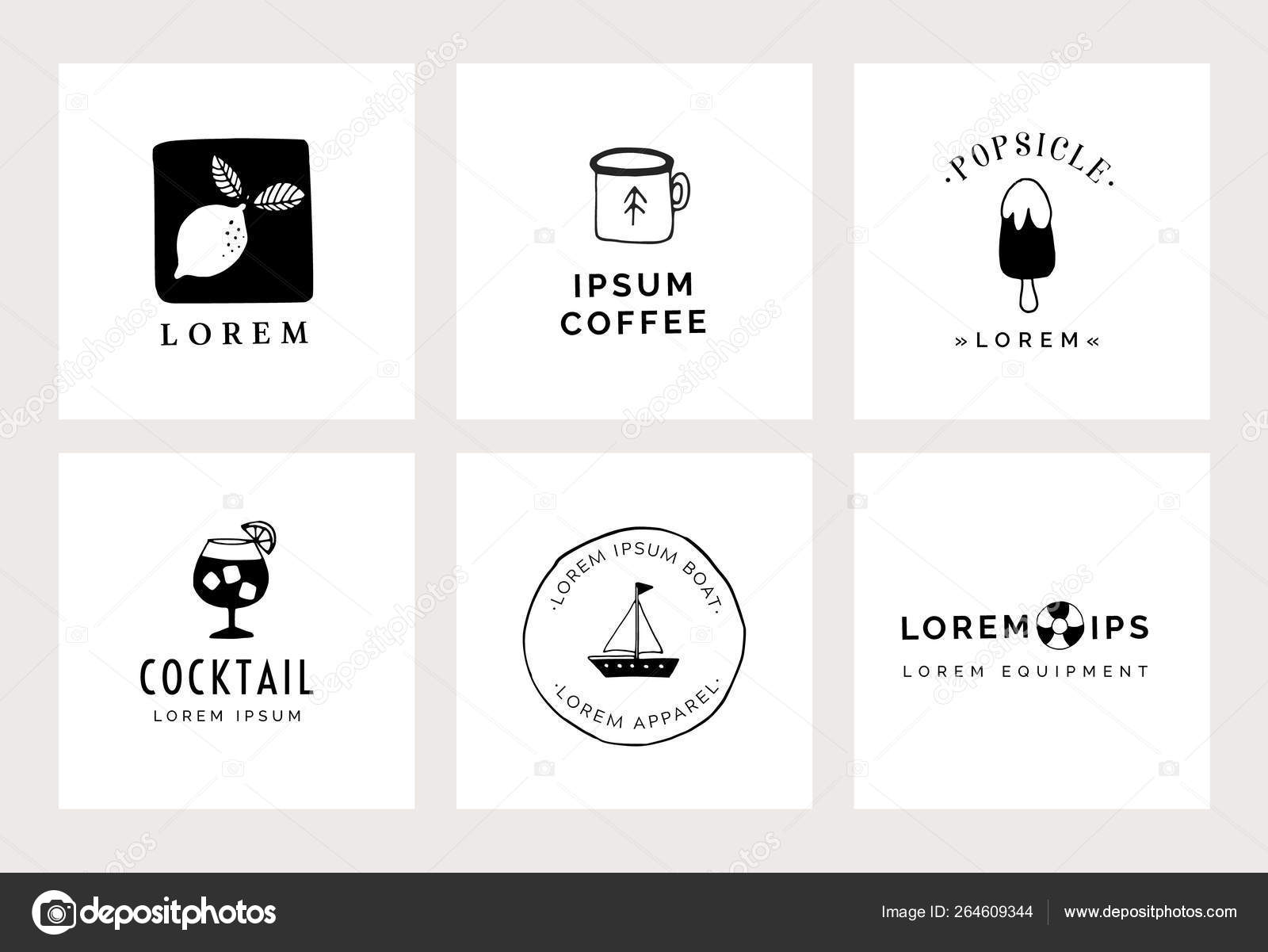 Set of hand drawn minimal logo templates. Food, drink and travel ...