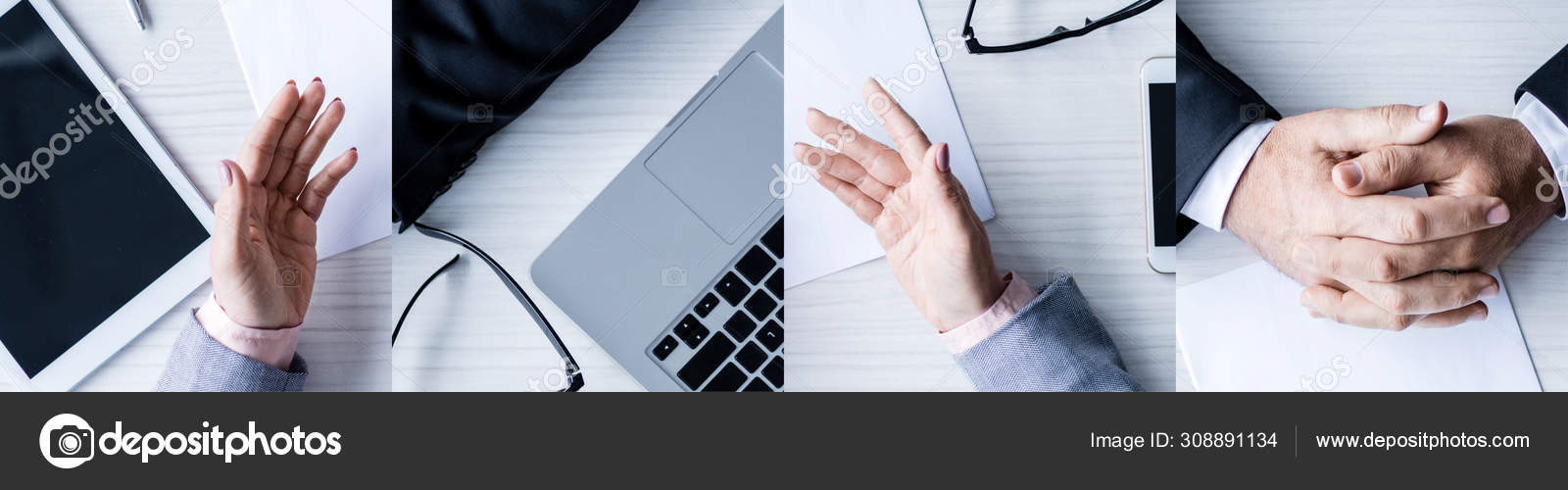 Collage Businessmen Hands Workplace Laptop Digital Tablet — Stock Photo ...