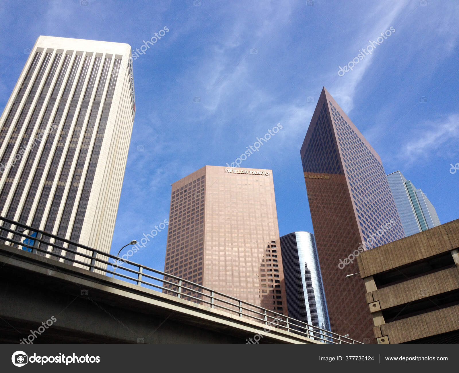 Modern architecture high rise skyscraper above streets Los Angeles ...