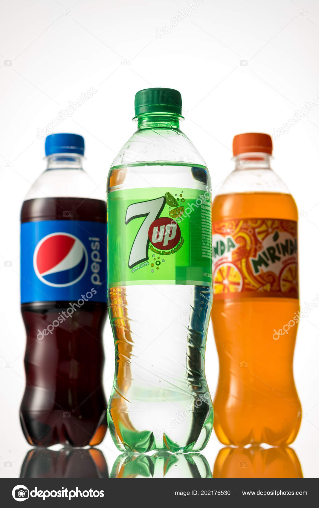 Minsk Belarus April 2018 Plastic Bottles Pepsi Mirinda 7Up Isolated ...