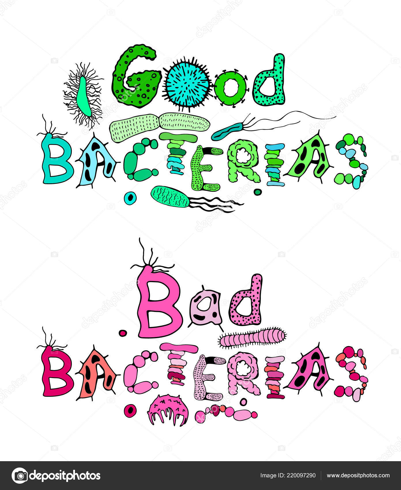 Bacterias buenas y malas Lettering Vector de stock por ©annyart 220097290