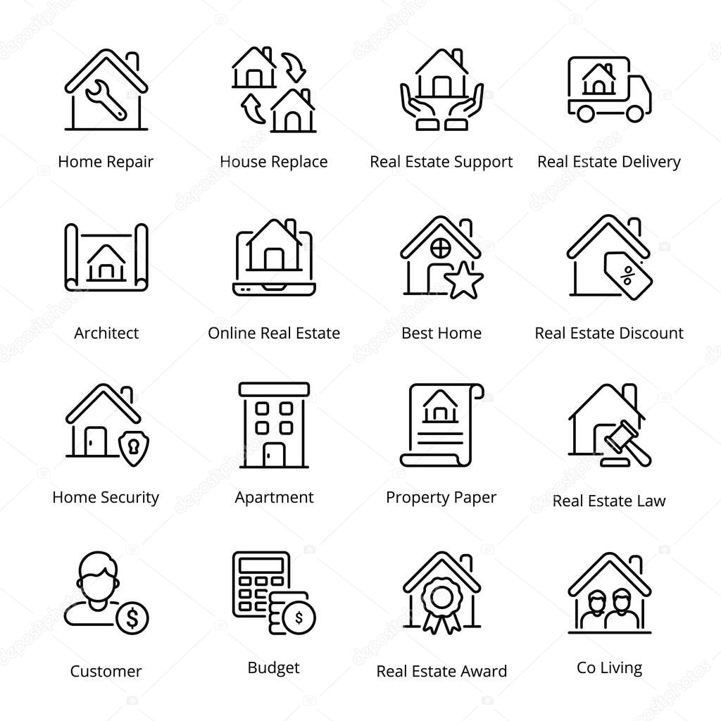Esquema inmobiliario Iconos - carrera, vector 2024