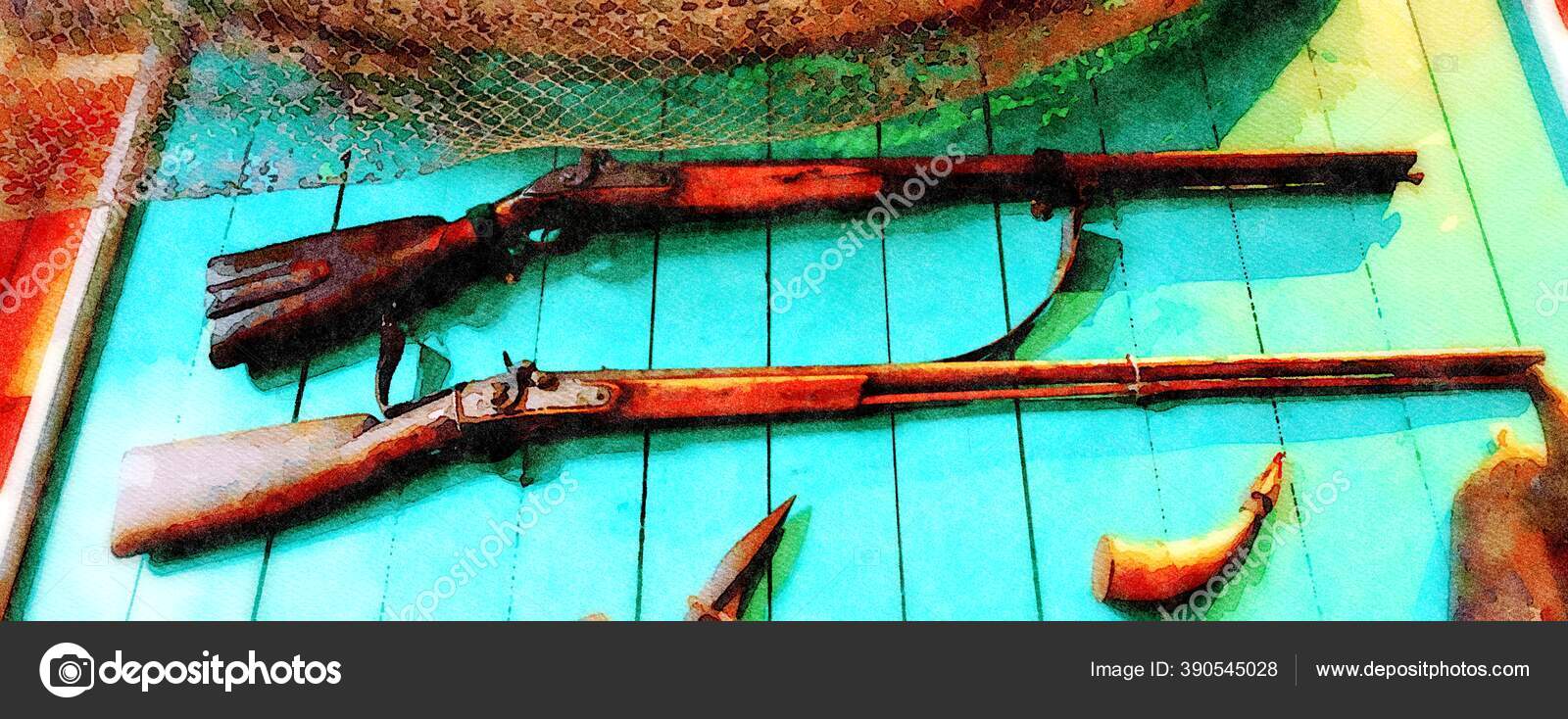 Digital Watercolor Style Which Represents Two Ancient Hunting Rifles ...