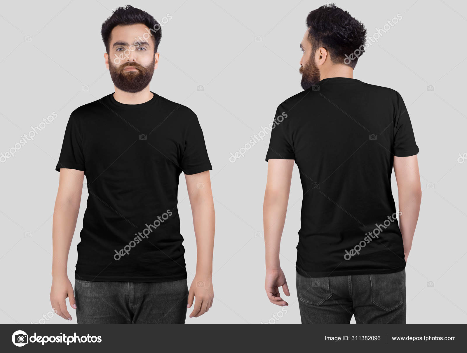 Front Rear View Male Model Wearing Black Plain Crew Neck Stock Photo by ...