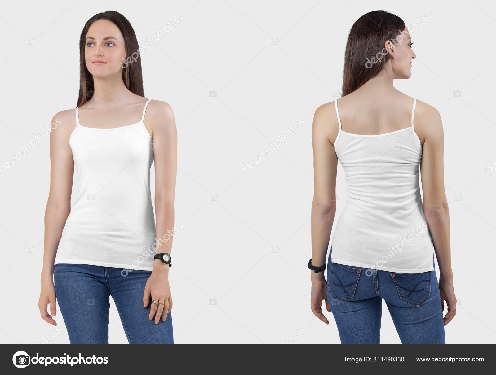 Front Back View Beautiful Standing Female Model Wearing White Plain ⬇ ...
