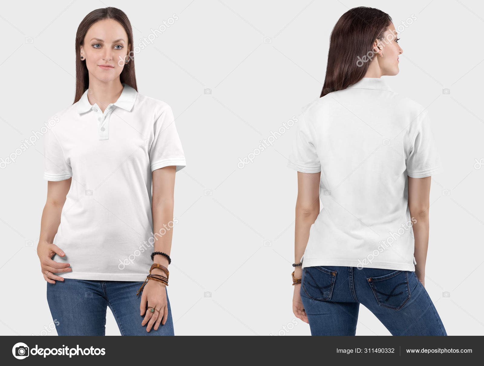Front Back View Beautiful Standing Female Model Wearing White Plain ...