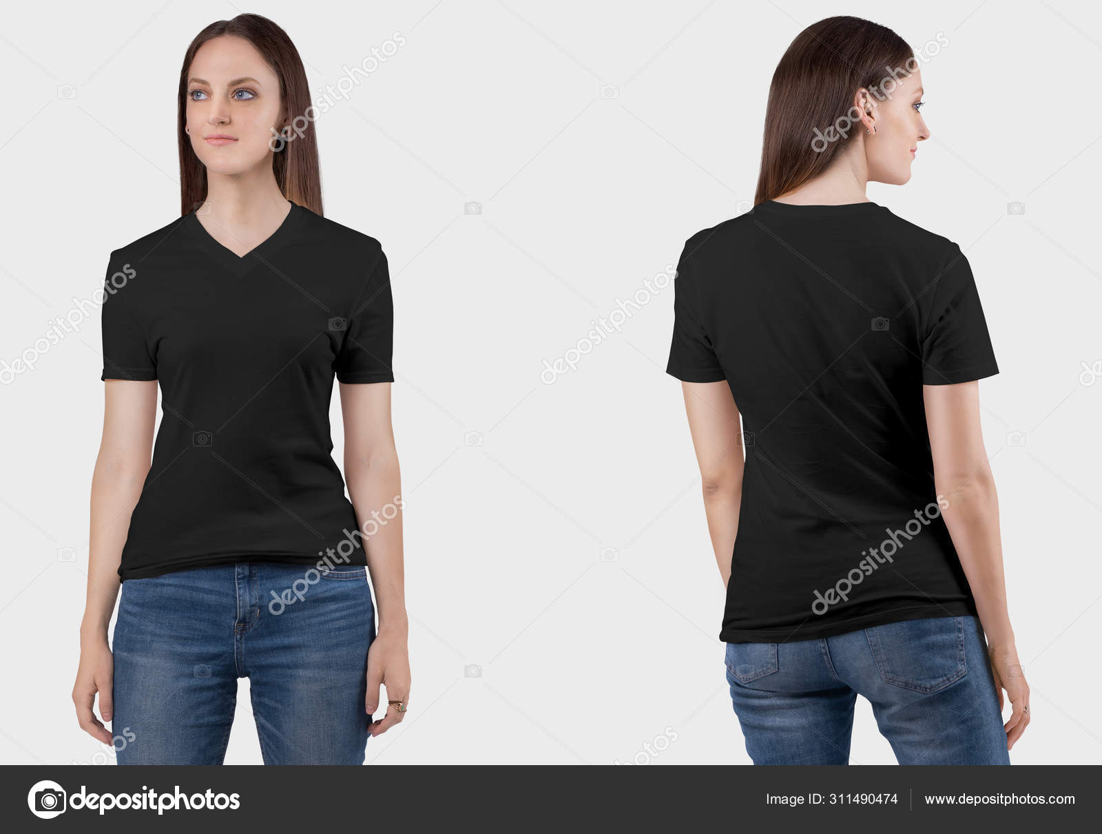 Front Back View Beautiful Standing Female Model Wearing Black Plain ...