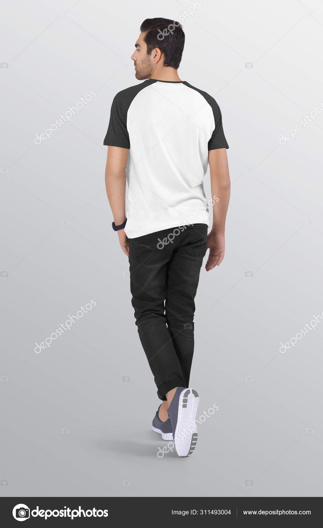 Rear View Walking Handsome Male Model Wearing White Grey Plain Stock ...