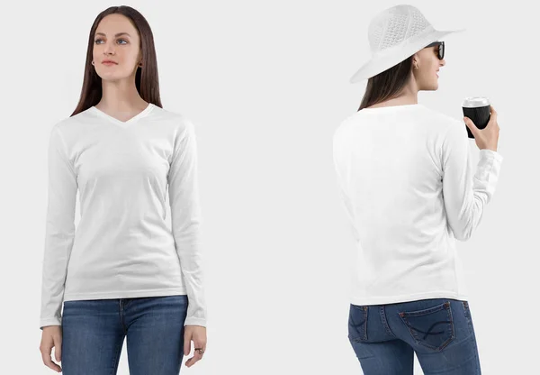 Front Back View Beautiful Standing Female Model Wearing White Plain ...