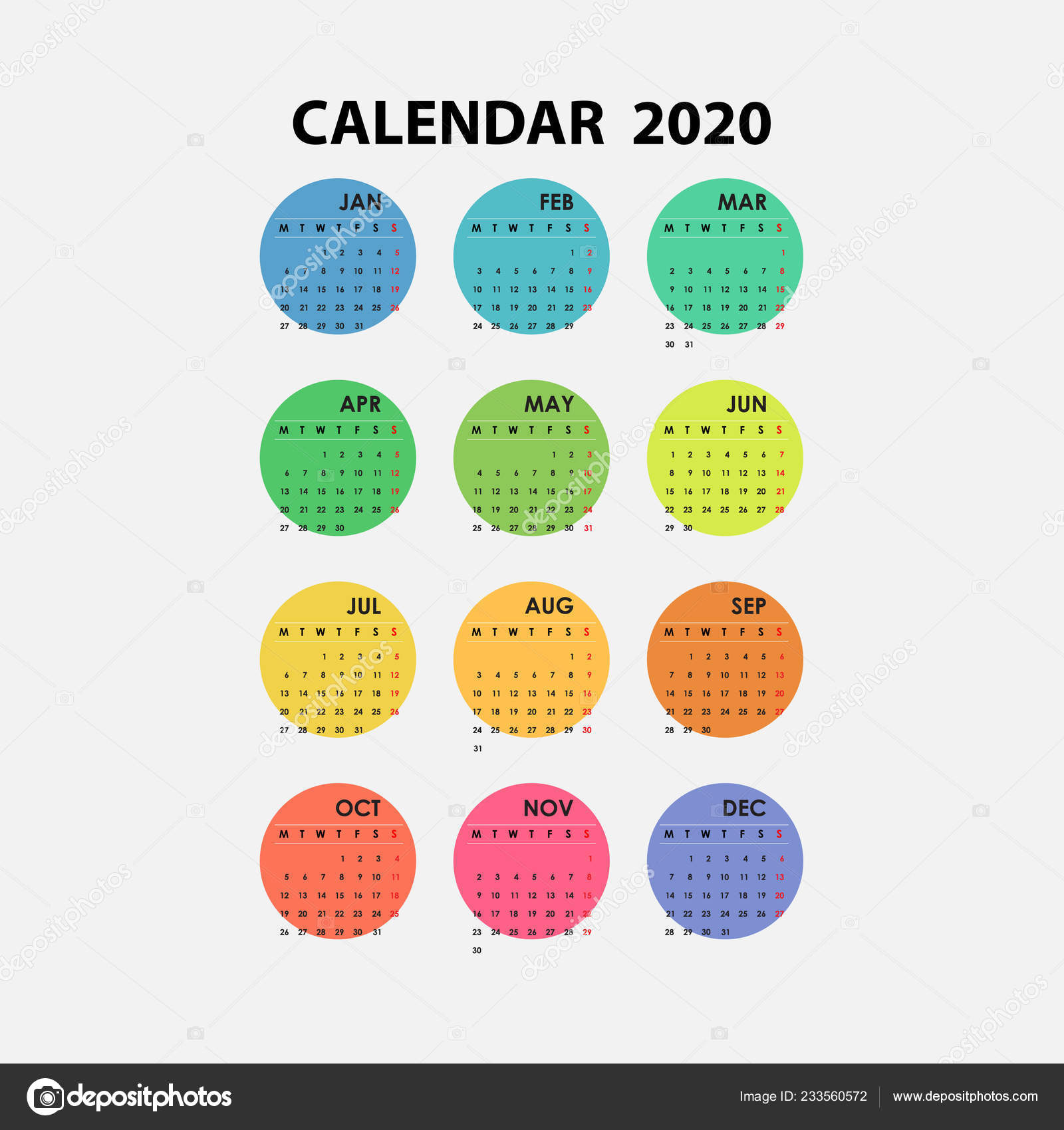 2020 Calendar Template Calendar 2020 Set Months Yearly Calendar Vector ...