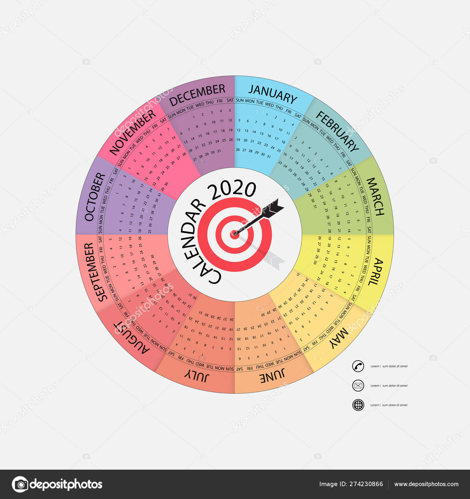 2020 Calendar Template.Circle calendar template.Calendar 2020 Se Stock ...