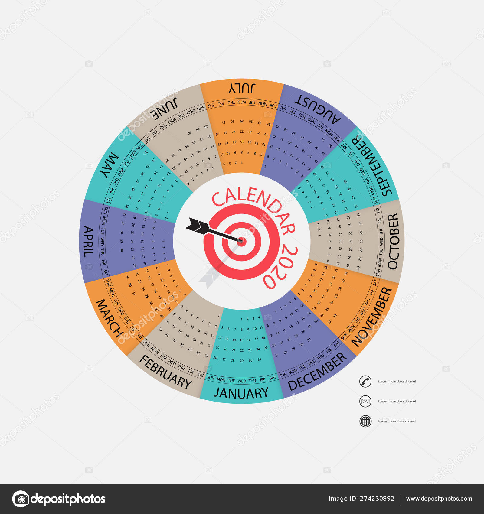 2020 Calendar Template.Circle calendar template.Calendar 2020 Se Stock ...