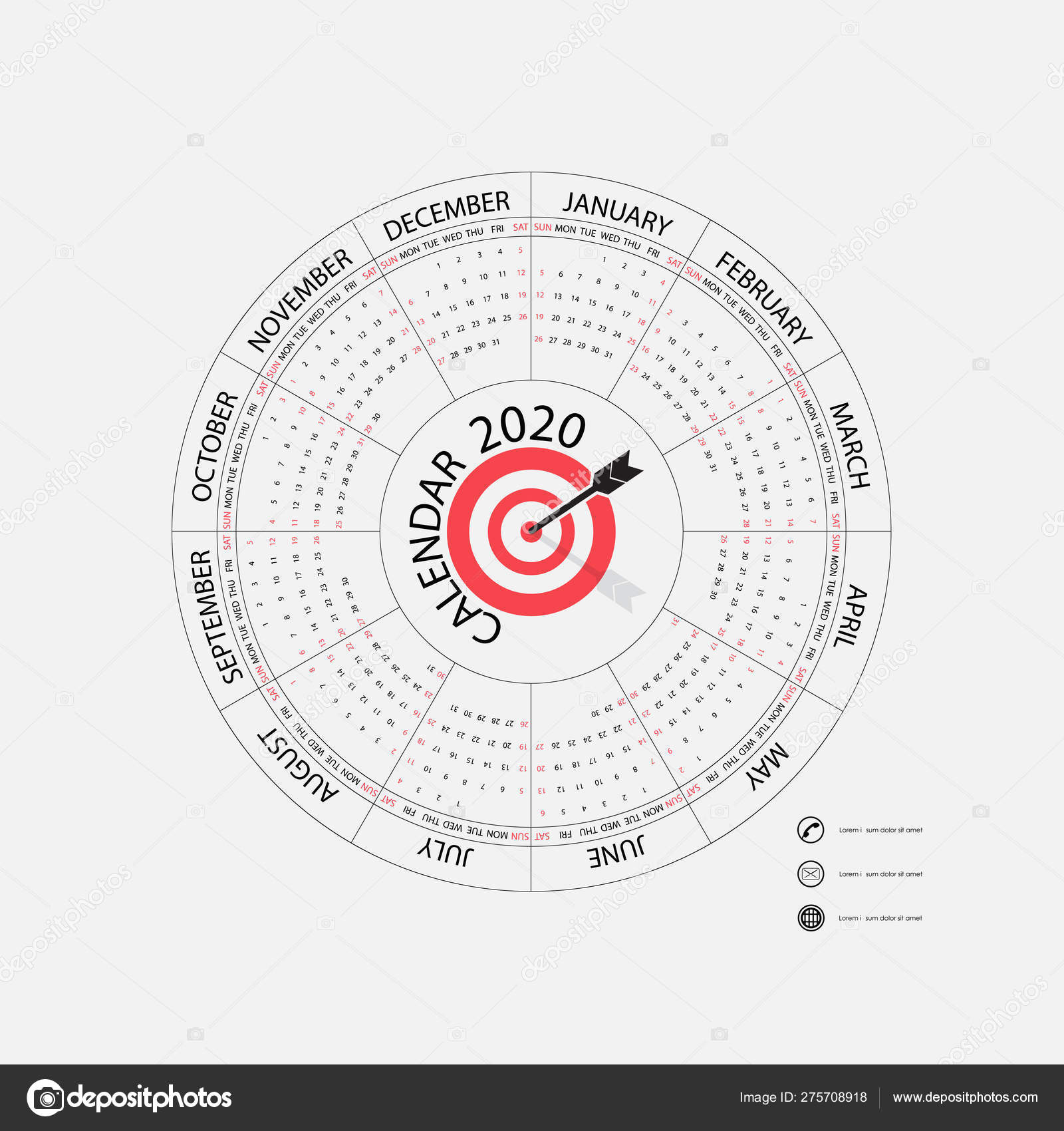 2020 Calendar Template.Circle calendar template.Calendar 2020 Se Stock ...