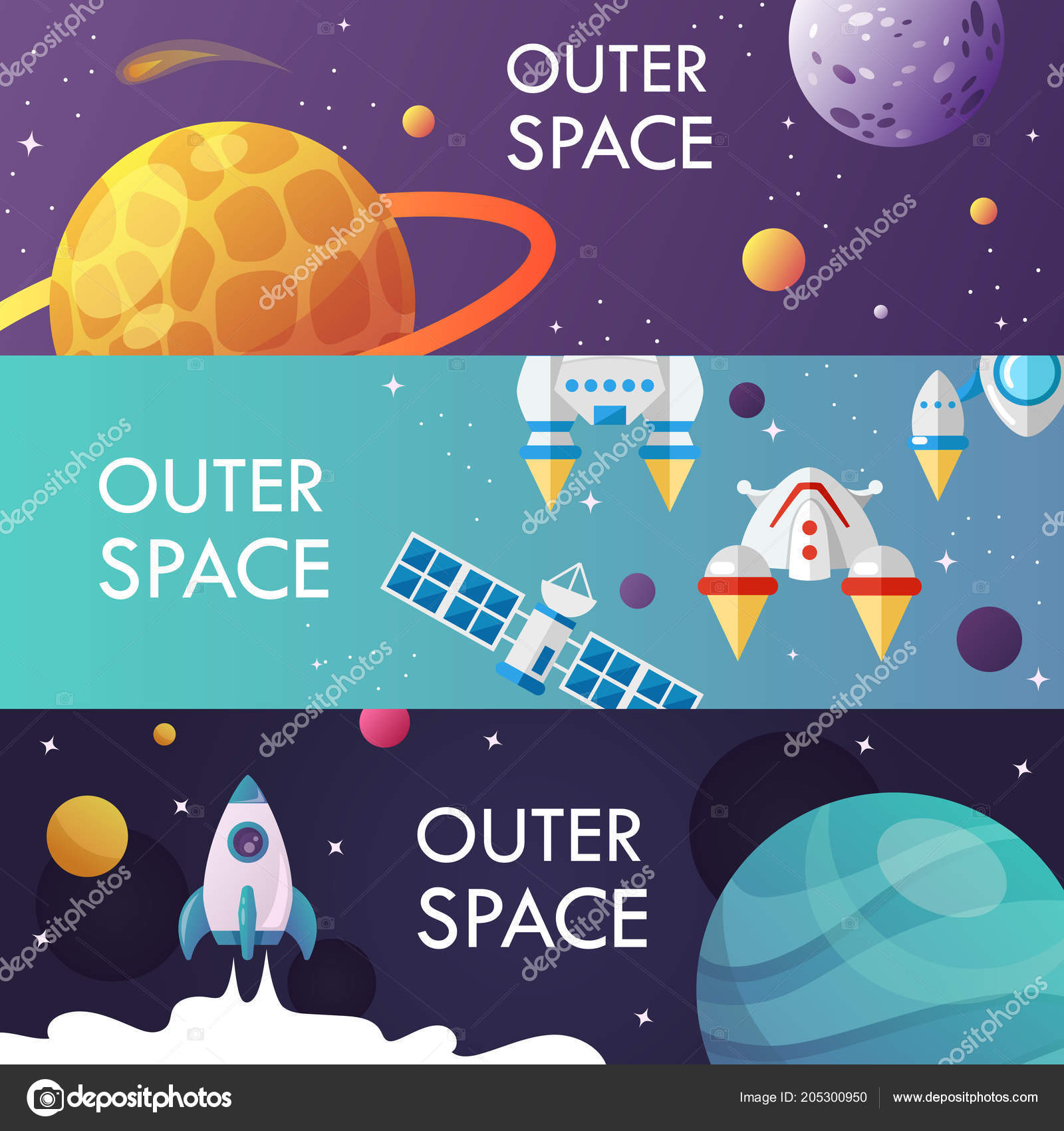 Set Cartoon Space Banners Vector Illustration Universe Header Stock ...