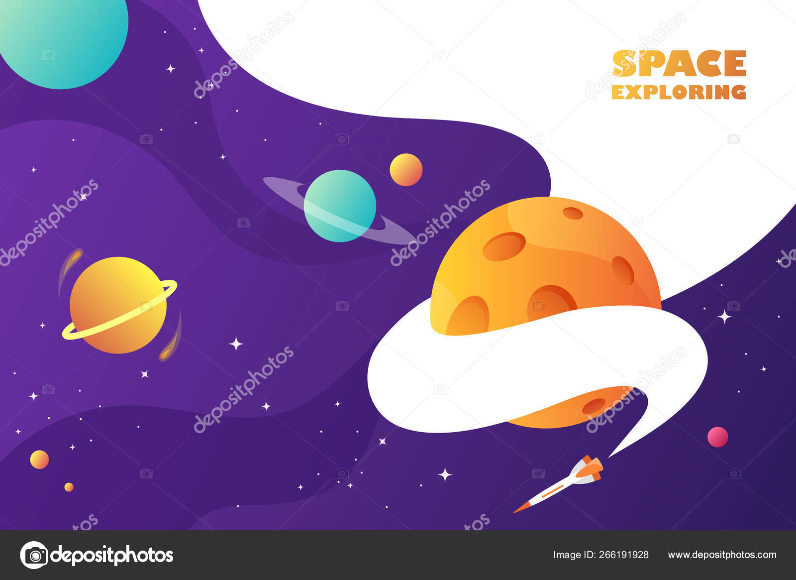 Horizontal space background with abstract shape and planets. Web design ...