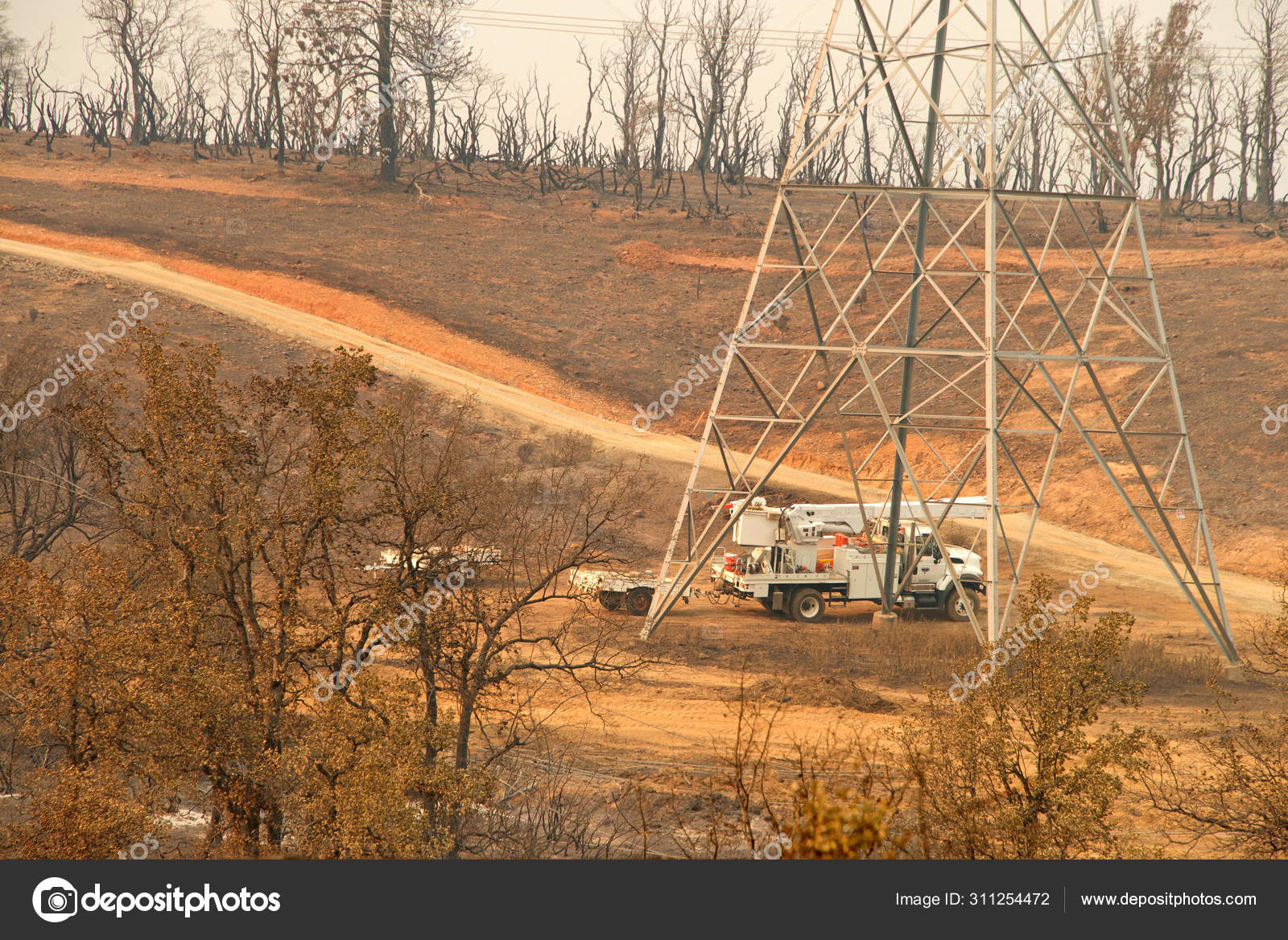 Redding August 2018 Crew Working Power Lines Fire Decimated Area ...