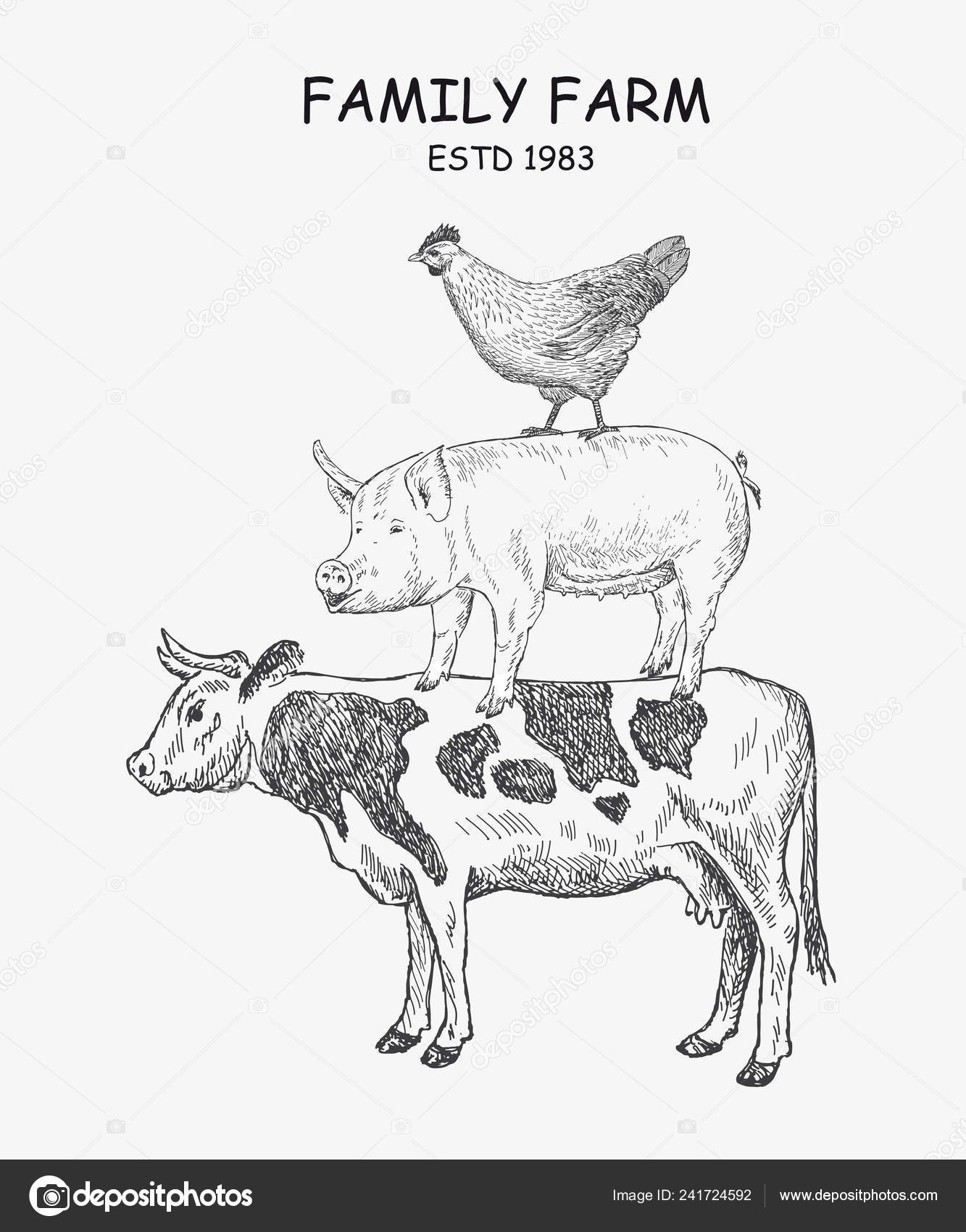 Farm animals Cow, Pig, Chicken. Vector illustration emblem Stock Vector ...