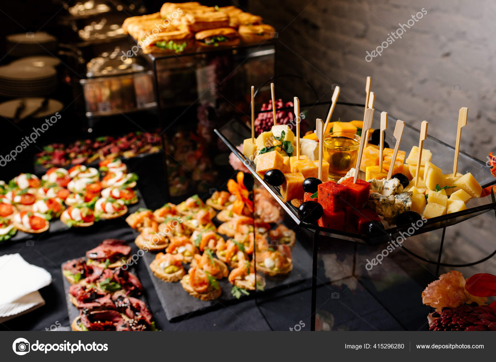 Catering Buffet Flowers Event White Brick Wall Background Stock Photo ...