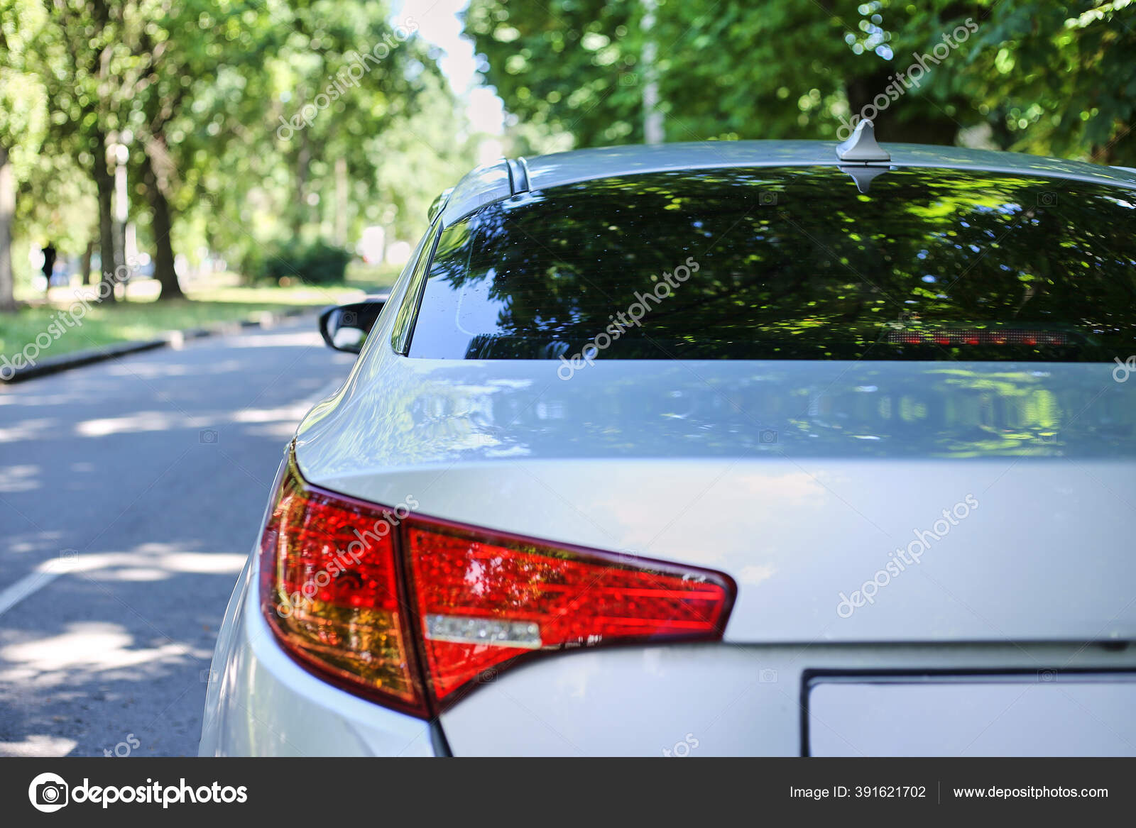Back Window Grey Car Parked Street Summer Sunny Day Rear Stock Photo by ...