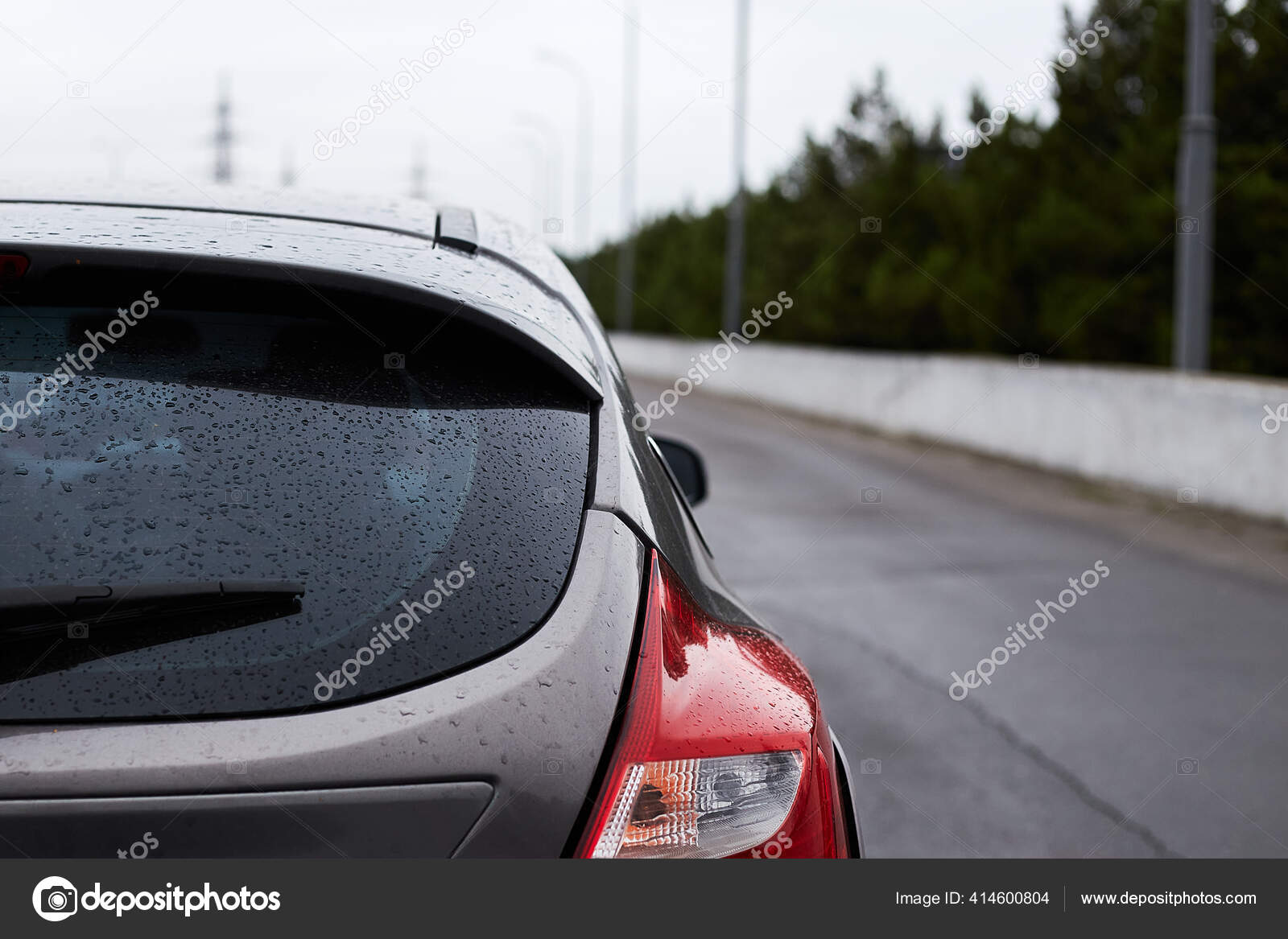 Back Window Grey Car Parked Street Autumn Rainy Day Rear Stock Photo by ...