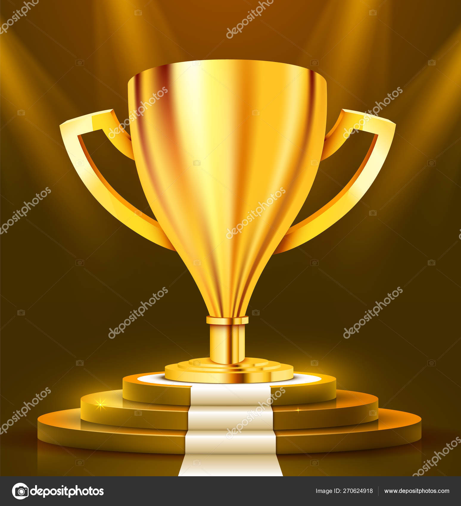 Realistická zlatá trofej na krušném pódiu s bílým kobercem osvětlovala ...