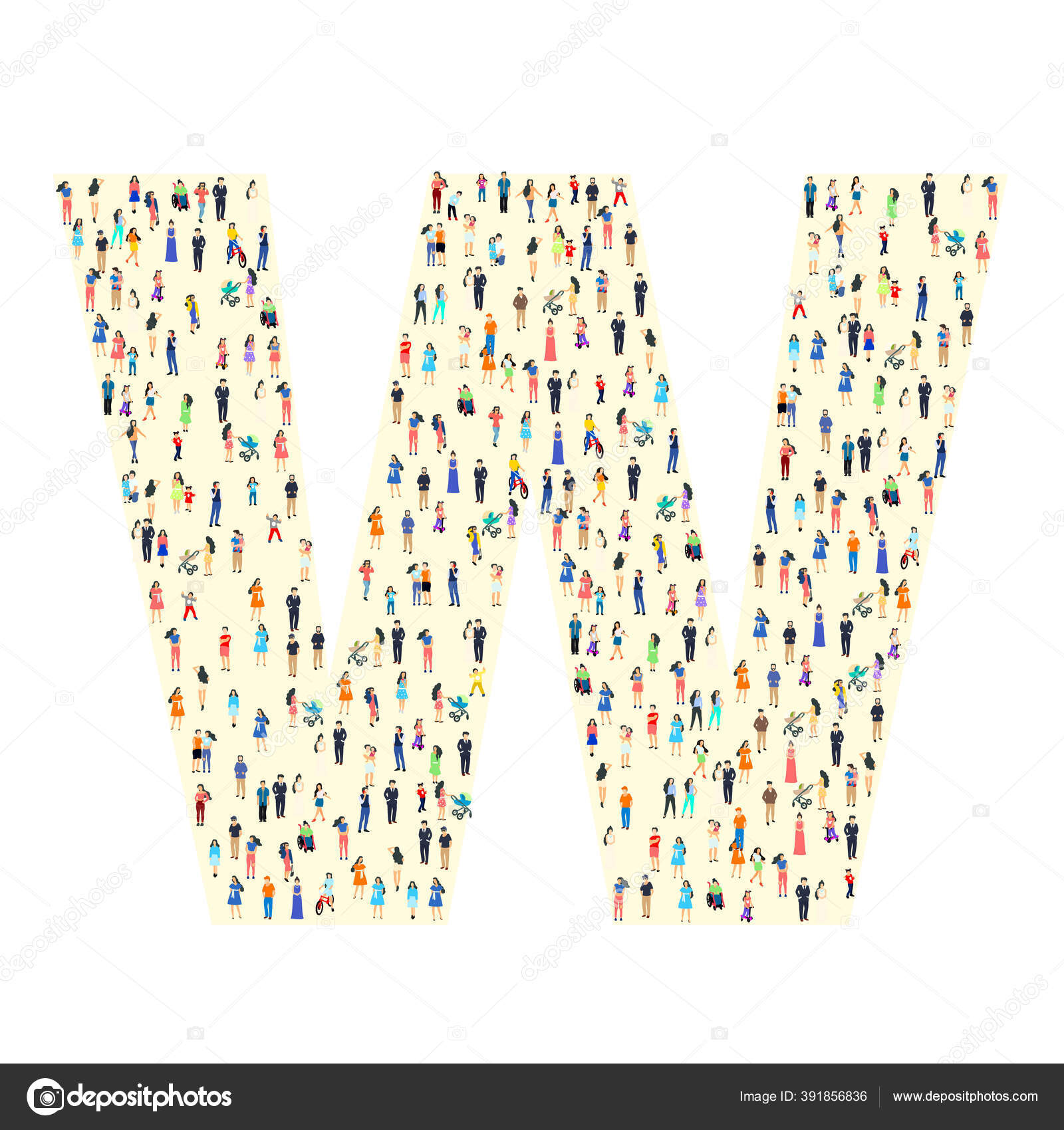 Gran grupo de personas en forma de letra W. Gente fuente. Fuente ...