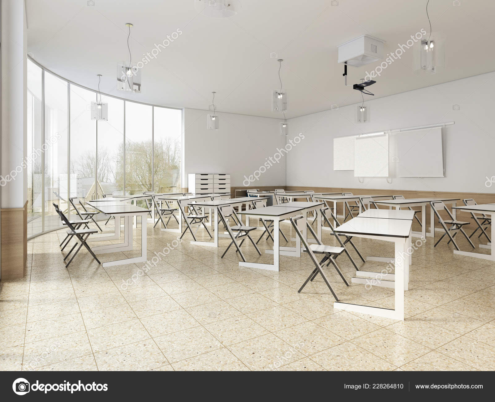 Modern Classroom Large Panoramic Windows White Desks Bright Interior ...