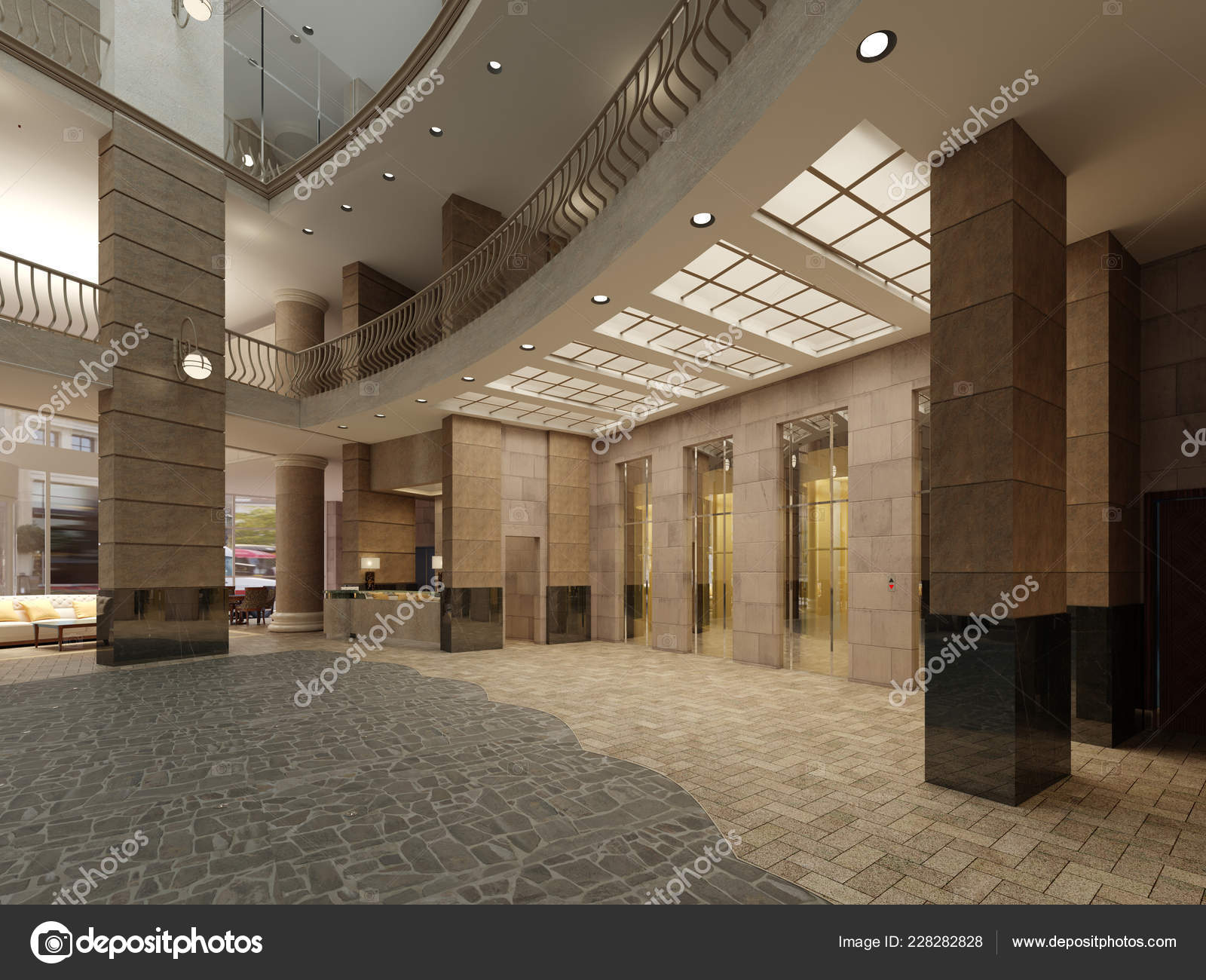 Brown Marble Metal Elevator Hall Hotel Large Columns Built Light ...