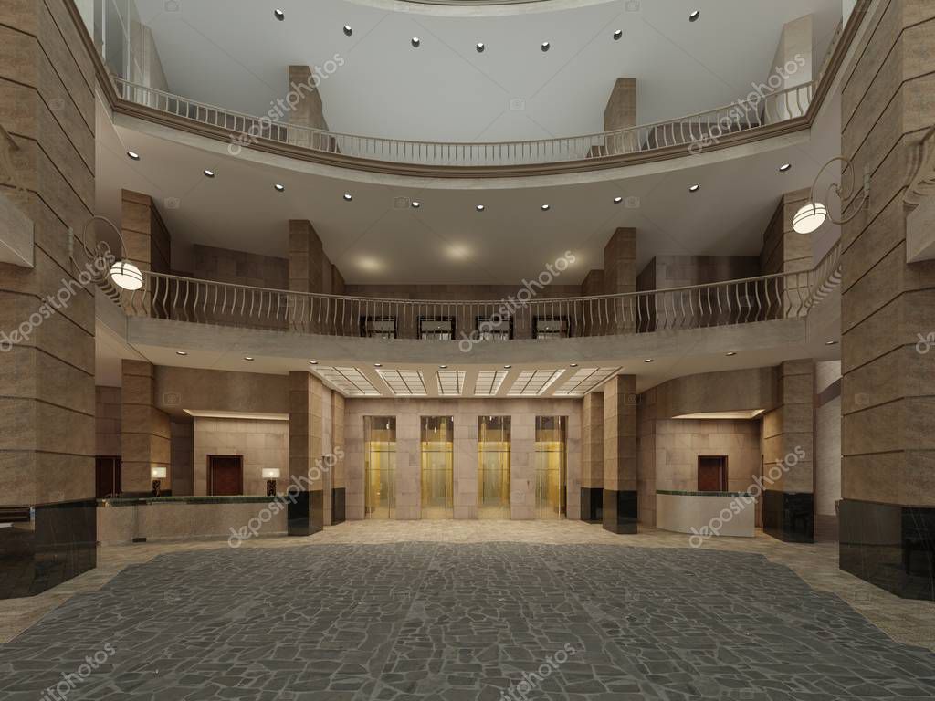 El diseño interior del vestíbulo del hotel con un gran espacio interior ...