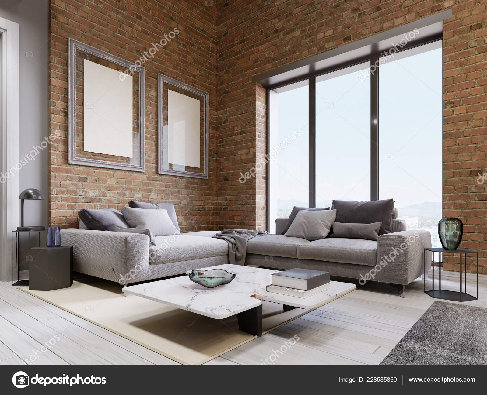 Modern Sofa Panoramic Windows Loft Living Room Rendering — Stock Photo ...