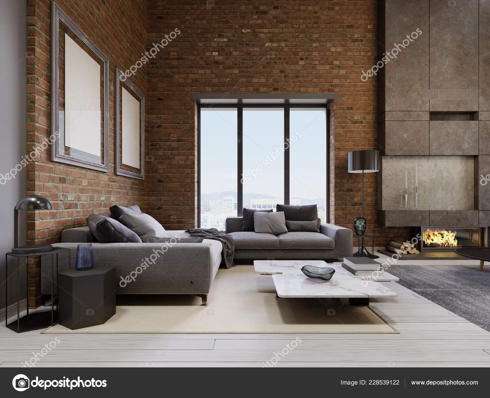 Modern Sofa Panoramic Windows Loft Living Room Rendering — Stock Photo ...